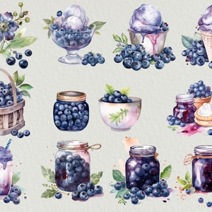 Watercolor Blueberry Clip Art Bundle PNG Commercial Use, Set of 34 High ...