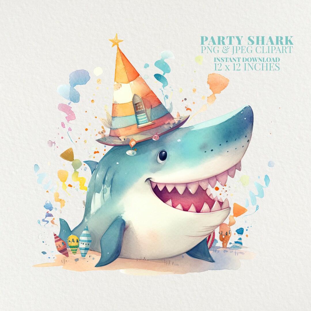 Party Shark Watercolor PNG Commercial Use Clip Art, Baby Shark Birthday ...