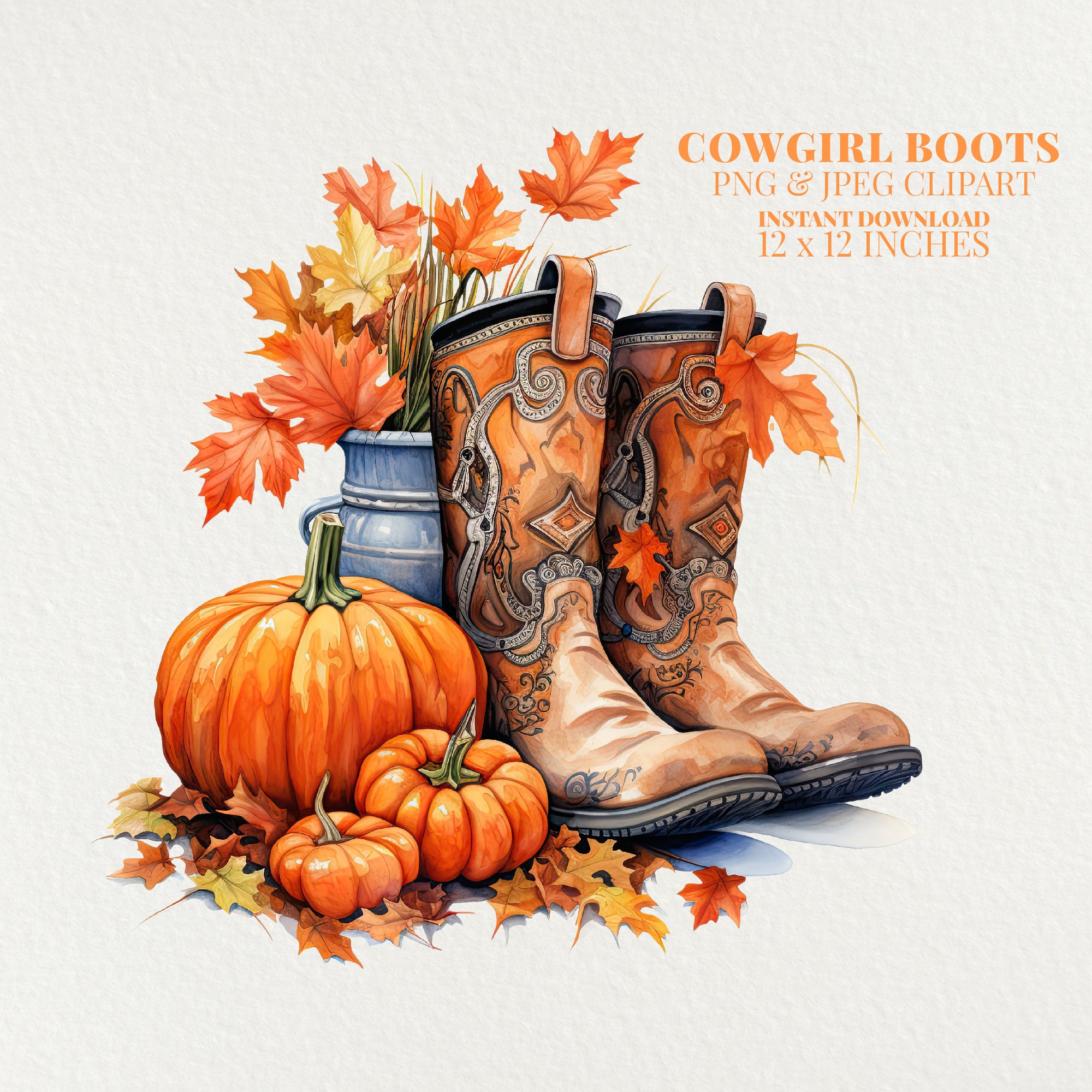 Cowgirl Boots & Pumpkin Watercolor PNG Commercial Use Clip Art, Fall ...