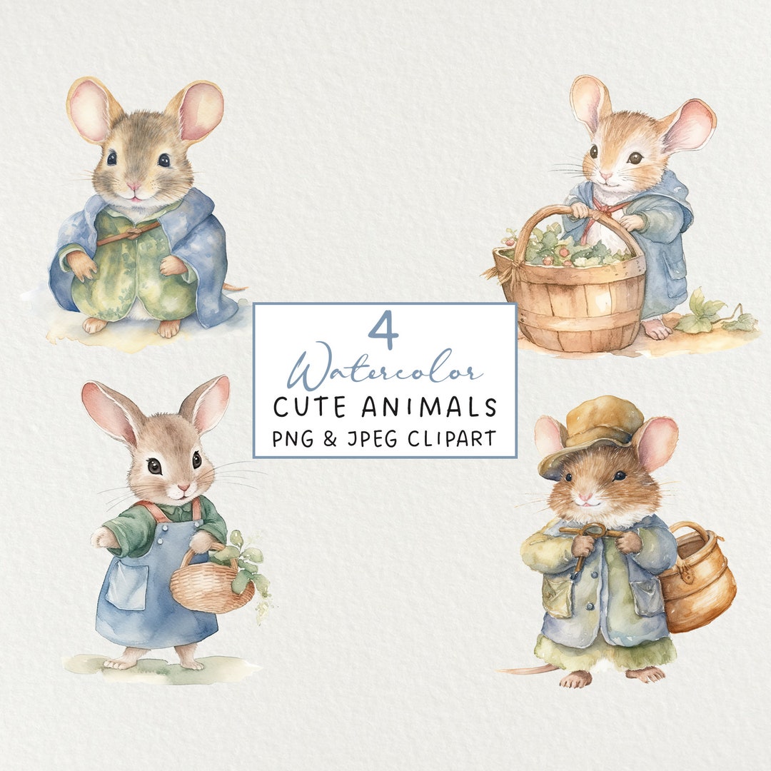 Cute Animals With Clothes Watercolor PNG Commercial Use Clip Art, 4 ...