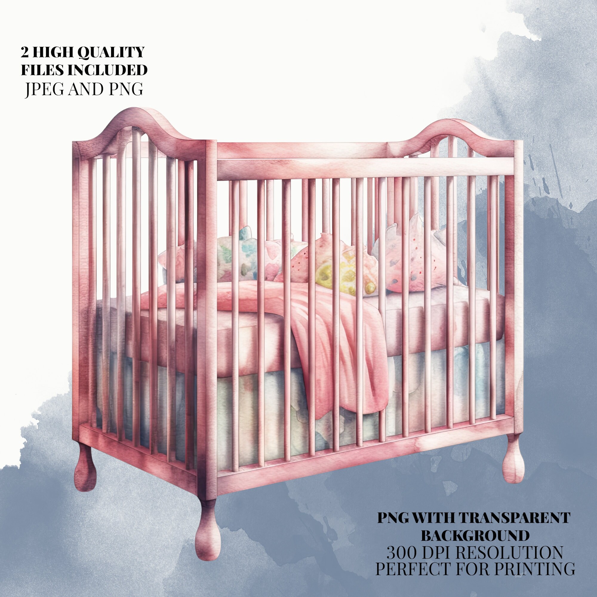 Pink Baby Crib Watercolor PNG Commercial Use Clip Art, Baby Shower PNG ...
