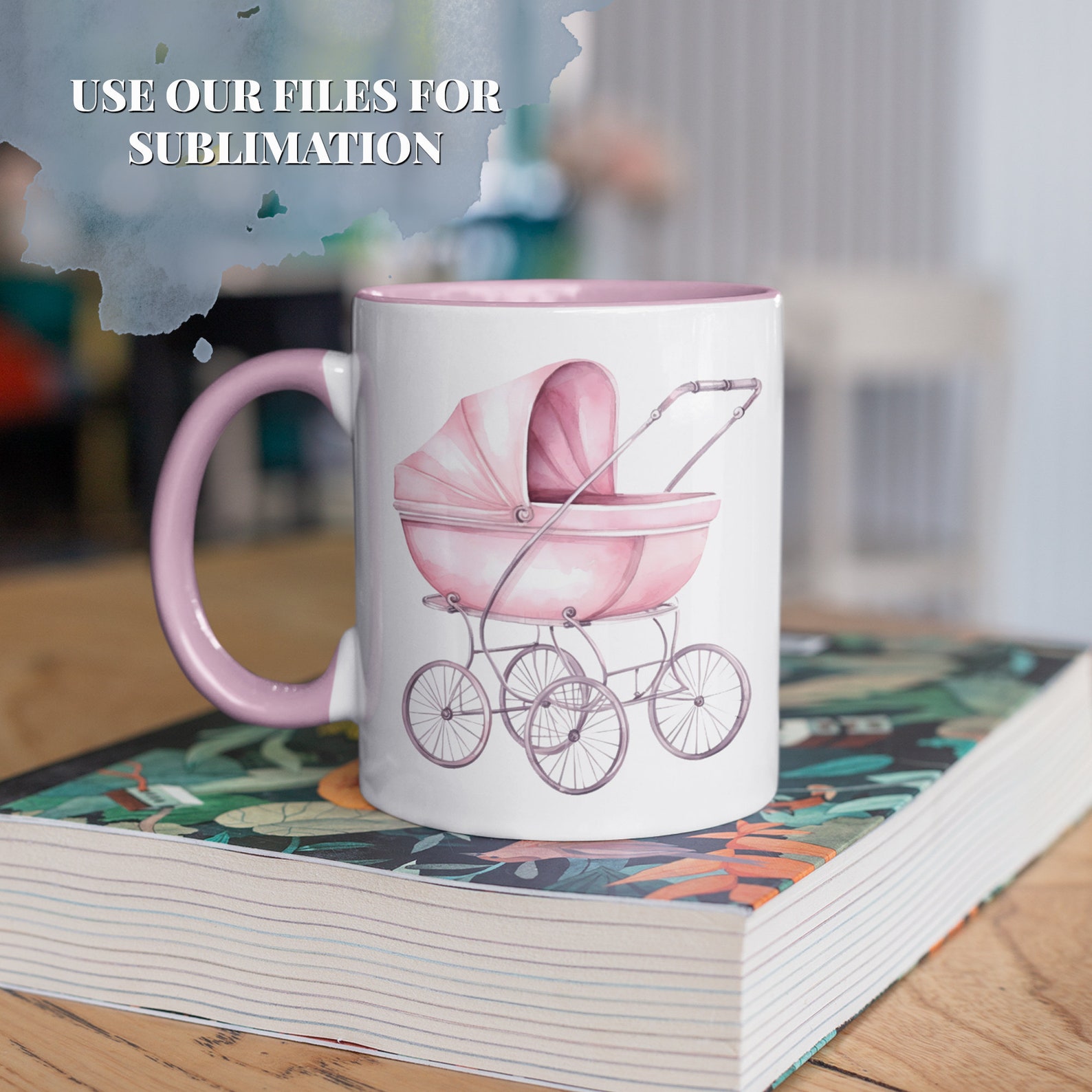 Pink Baby Buggy Watercolor PNG Commercial Use Clip Art, Baby Carriage ...
