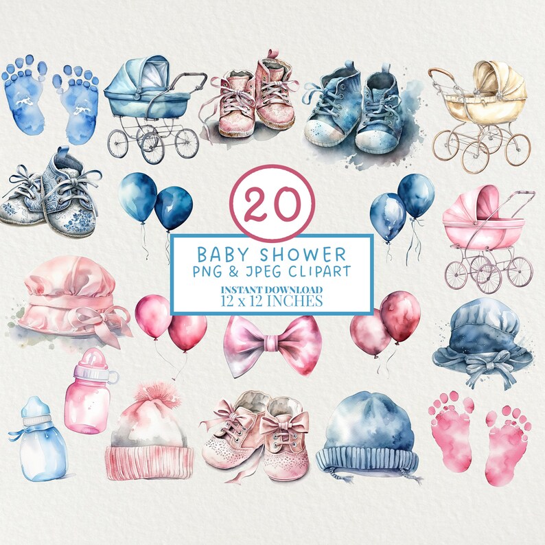 Baby Shower Watercolor Bundle PNG Commercial Use Clip Art, Set of 20 ...
