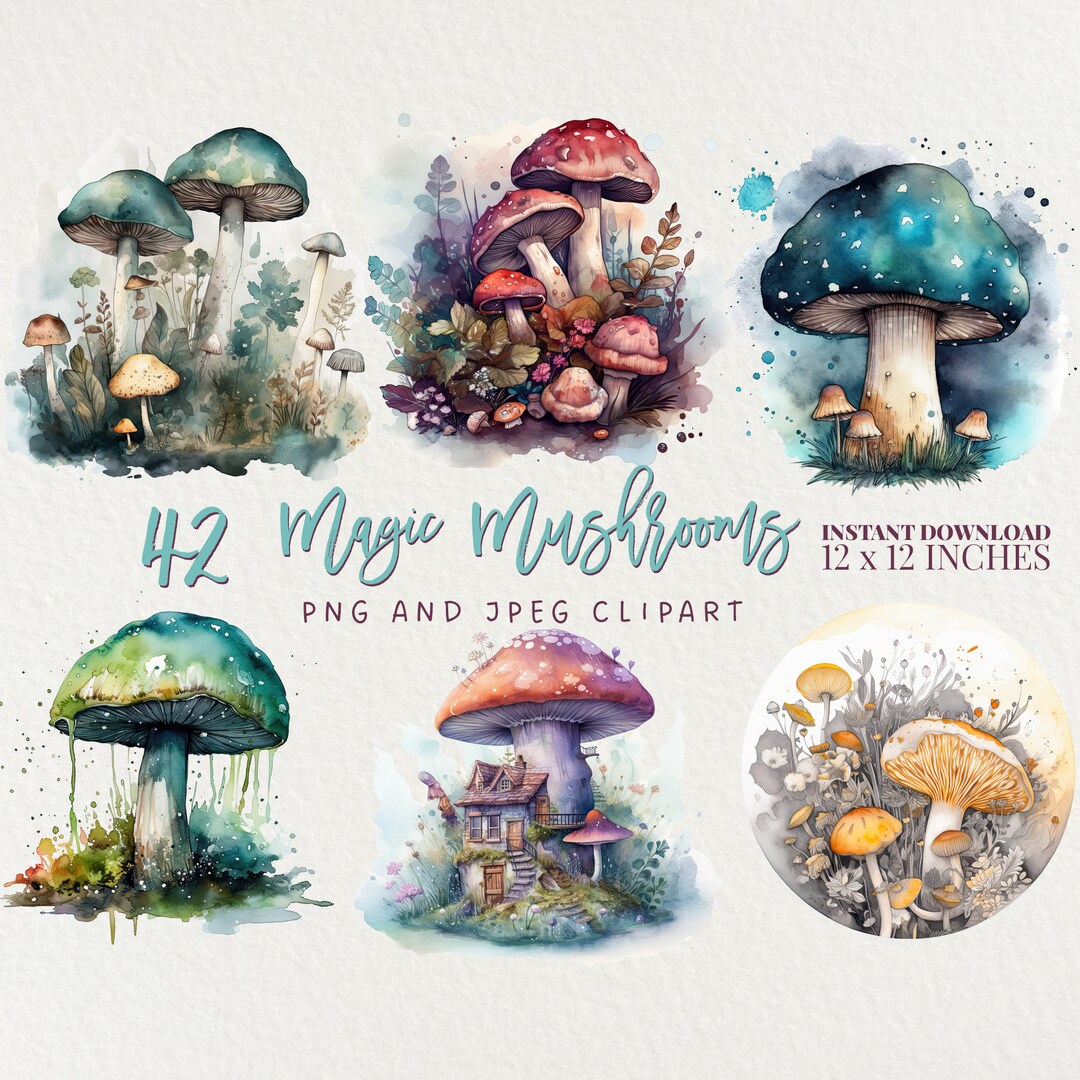 Magic Mushrooms Watercolor Clip Art Bundle PNG Commercial Use, Set of ...