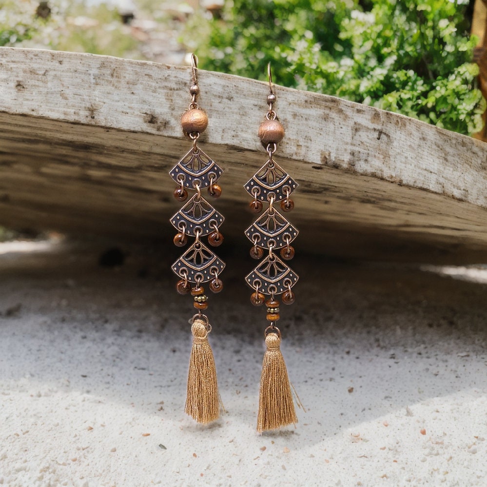 Antique Fan Earrings, Long Tassel Fan Earrings, Brown Earrings, Boho ...