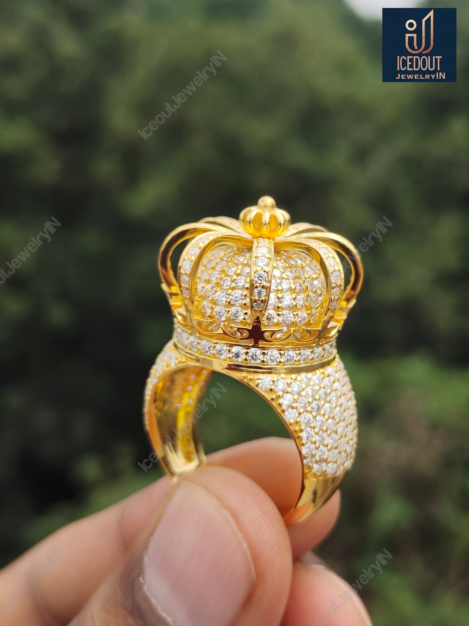 Iced Out Crown King Ring Made in 10k Gold With VVS Colorless Moissanite ...