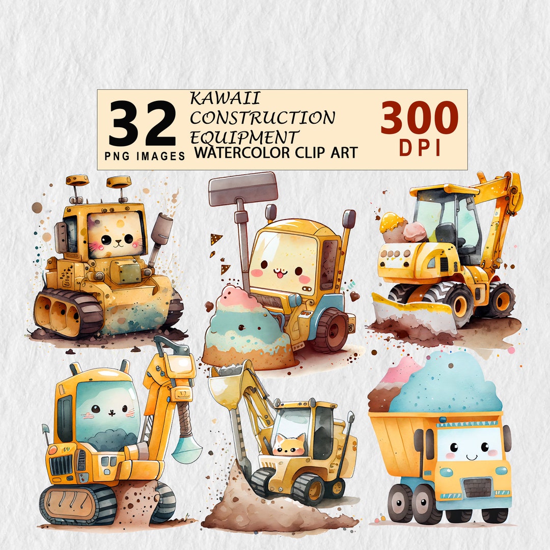 Kawaii Construction Equipment Watercolor Clipart PNG Digital Download ...