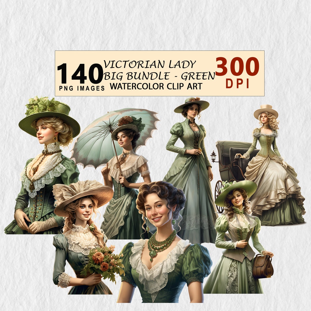 Victorian Lady BIG Bundle Green Watercolor Clipart PNG Digital Wall ART ...