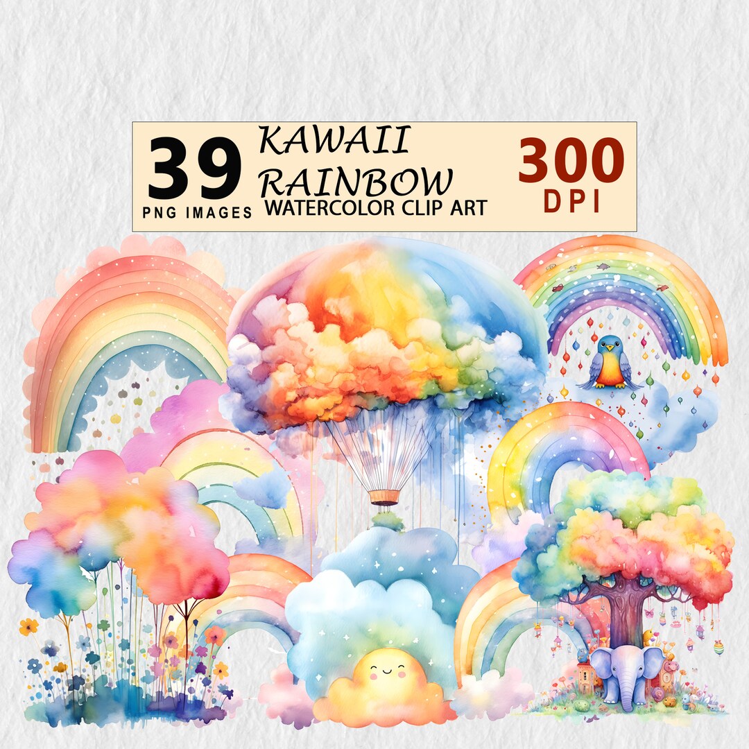 Kawaii Rainbow Watercolor Clipart, Digital Download, Wall Art ...