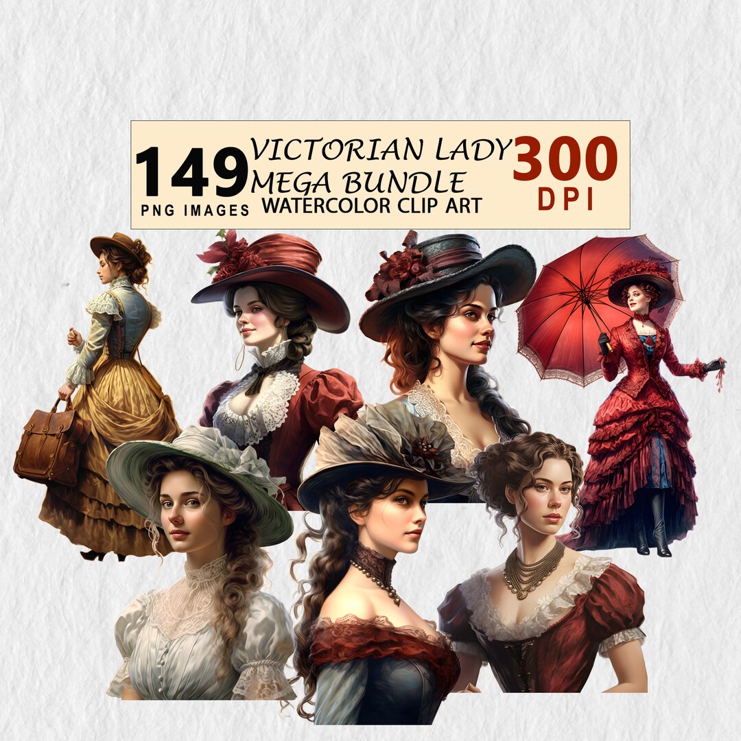 Victorian Lady Mega Bundle Watercolor Clipart PNG for Nursery Wall Art ...