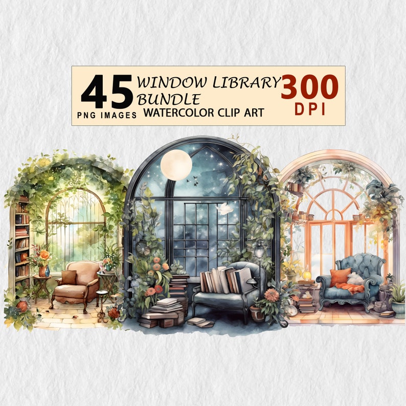 Window Library Bundle Watercolor Clipart Illustration - Etsy