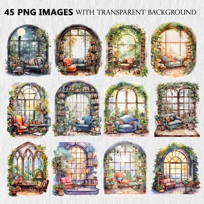 Window Library Bundle Watercolor Clipart Illustration - Etsy