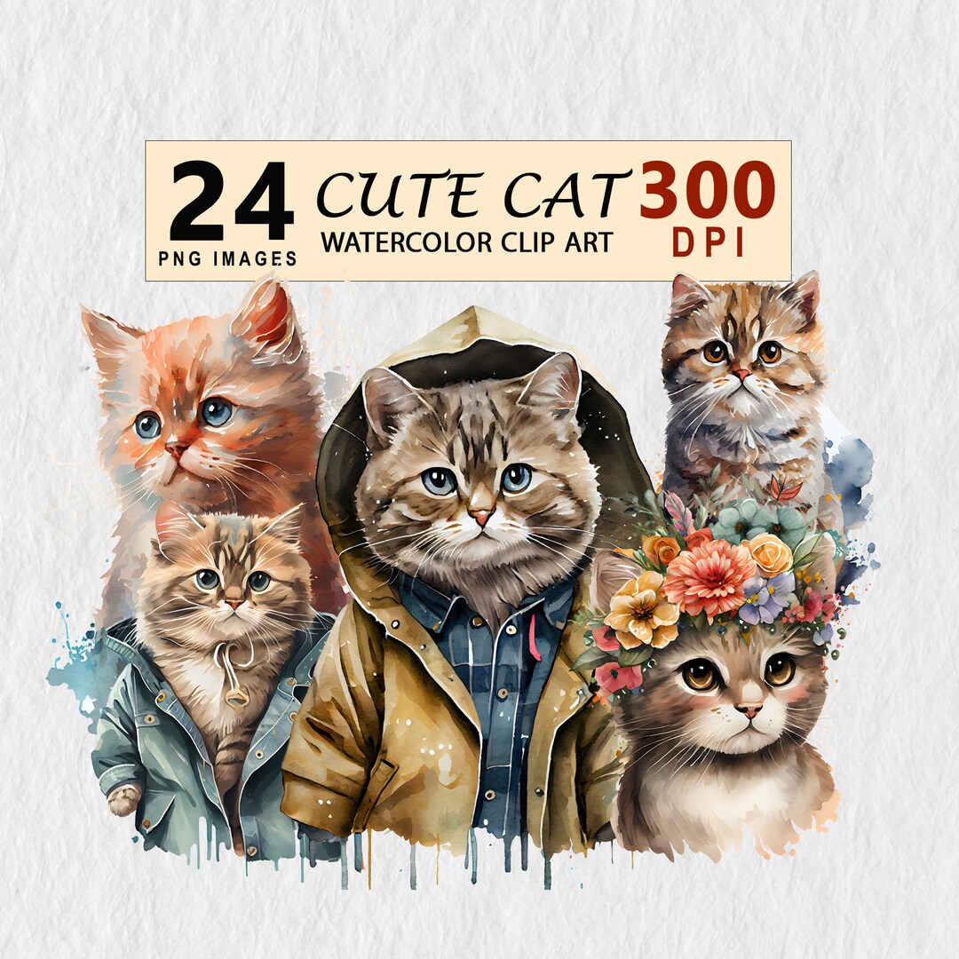 Cute Cat Watercolor Clipart PNG Nursery Wall Art Scrapbooking Digital ...