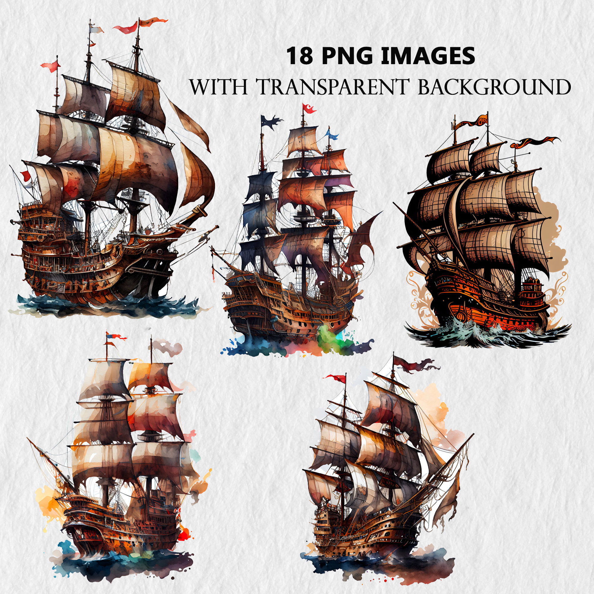 Pirate Ship Watercolor Clipart Element Illustration - Etsy