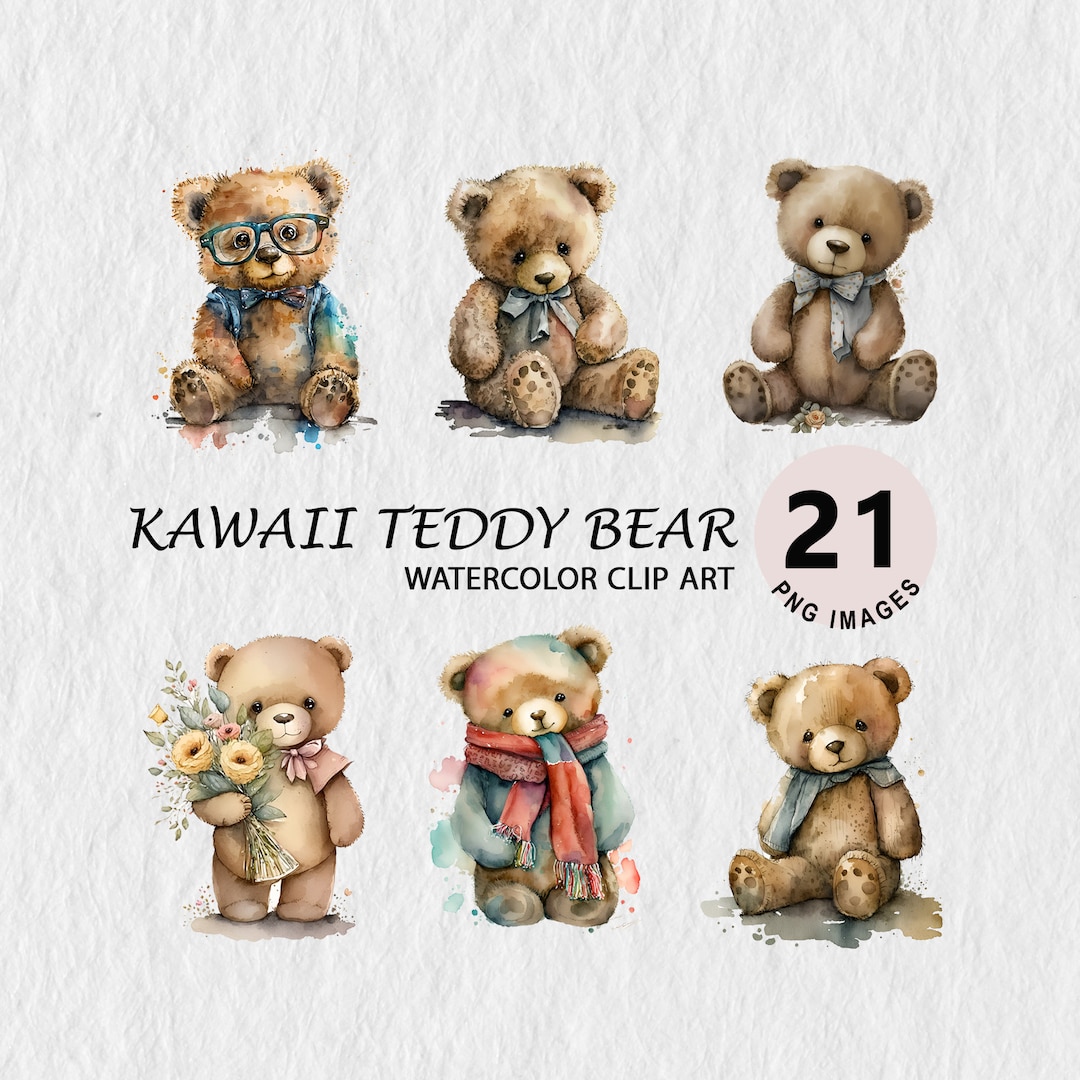 Kawaii Cute Teddy Bear Watercolor Clipart Element Illustration ...