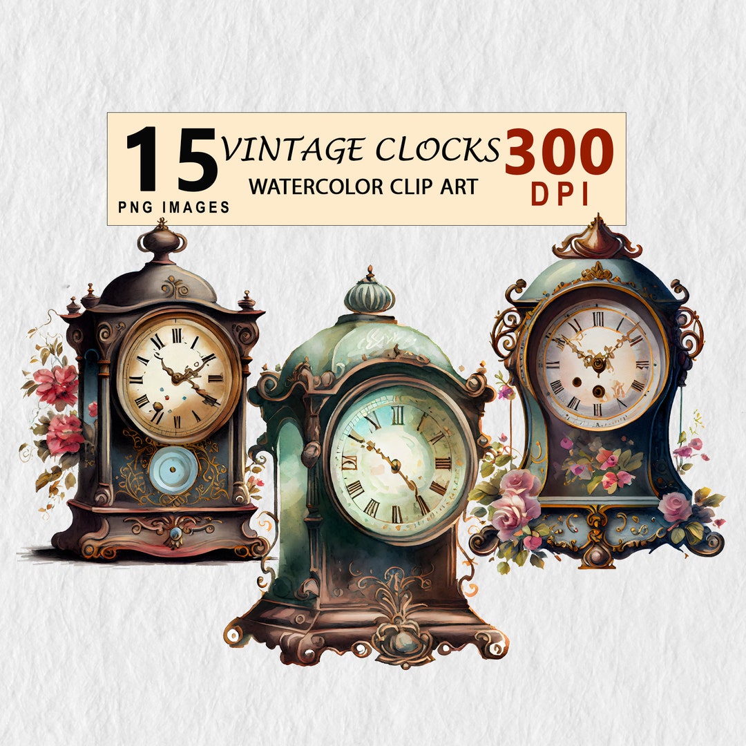 Vintage Clocks Watercolor Clipart PNG Digital Download Planner Wall ...
