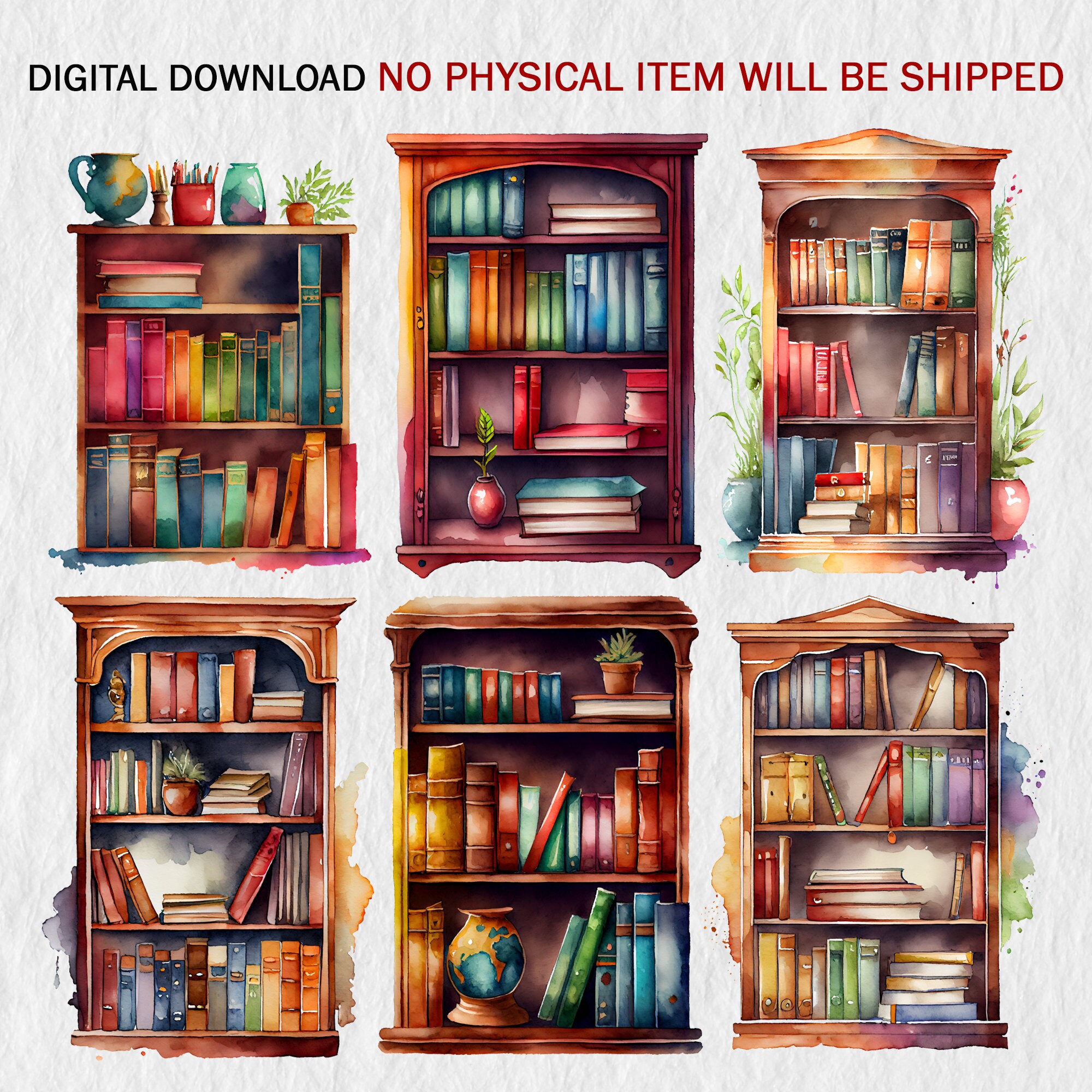 Bookshelf Watercolor Clipart PNG Digital Download Planner Wall - Etsy