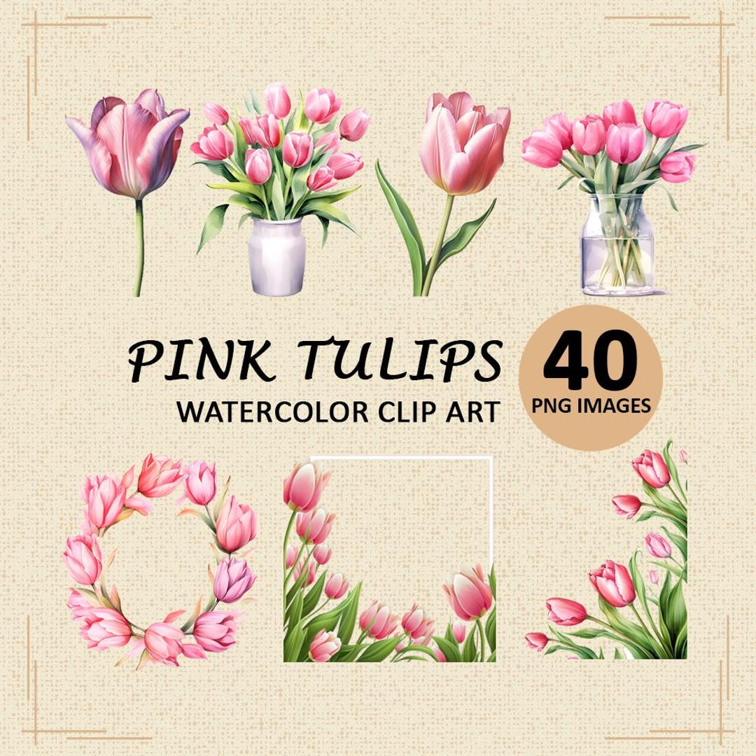 Pink Tulips Watercolor Clipart PNG Digital Download Planner Wall ART ...