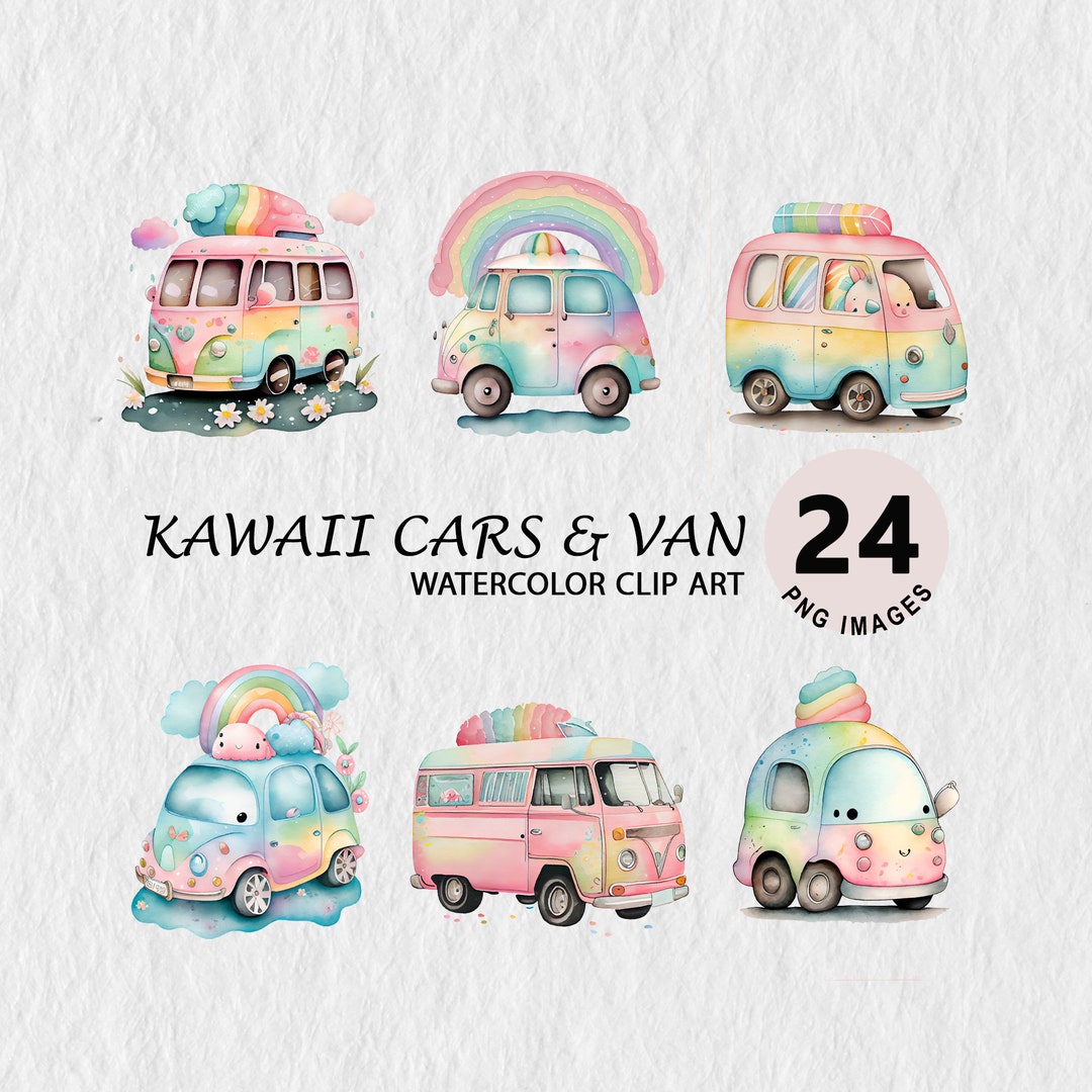 Kawaii Cute Cars and Vans Watercolor Clipart Element Illustration ...