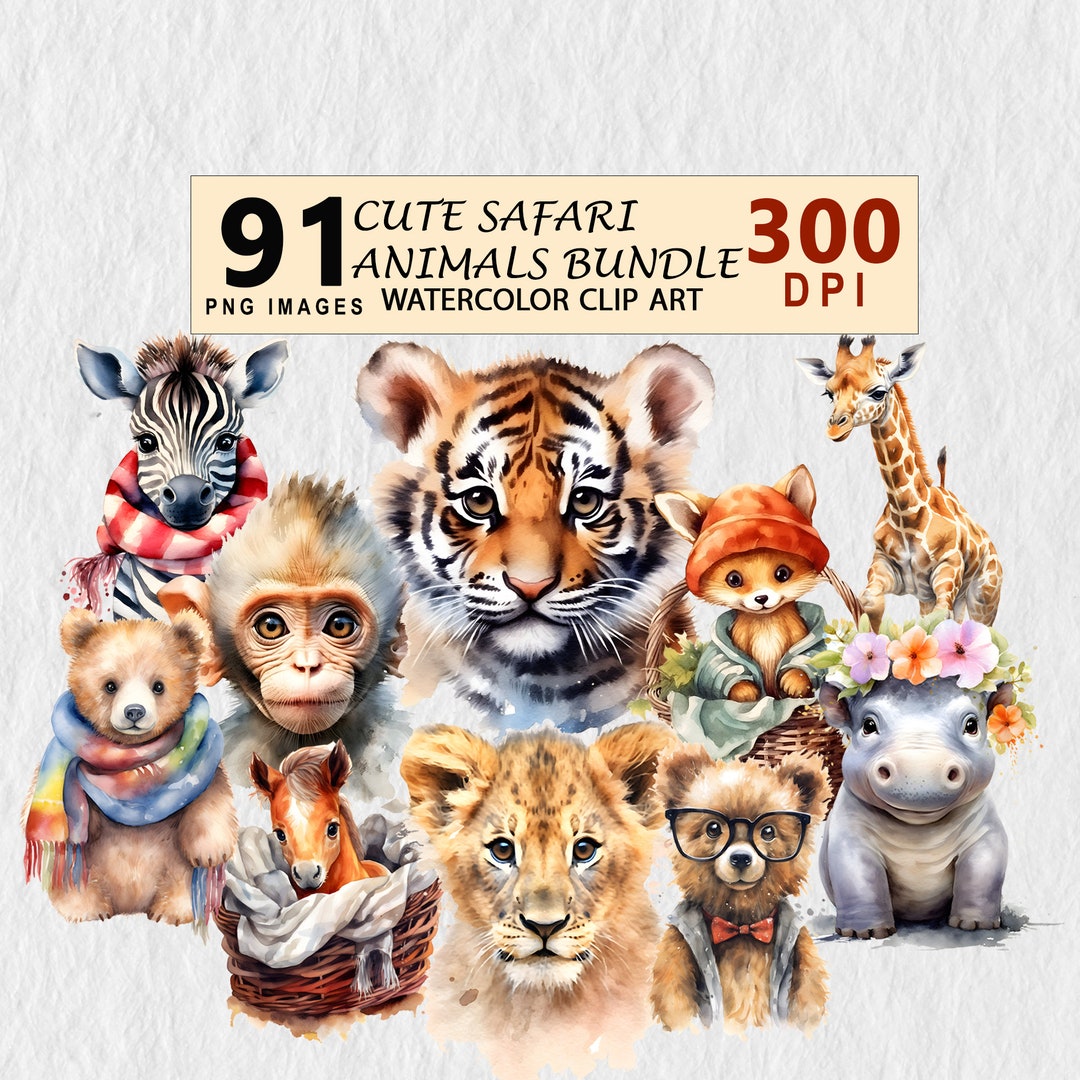 Cute Safari Animals Bundle Watercolor Clipart PNG Digital Download ...