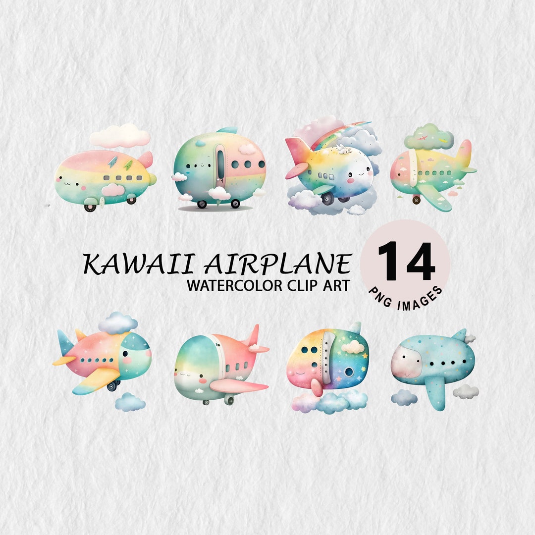 Cute Kawaii Airplane Watercolor Downloadable Illustration Transparent ...