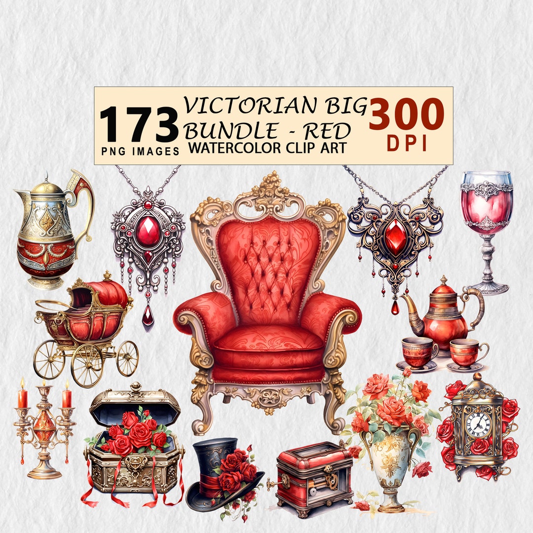 Victorian BIG Bundle - Red Watercolor Clipart PNG Digital Download Cute ...