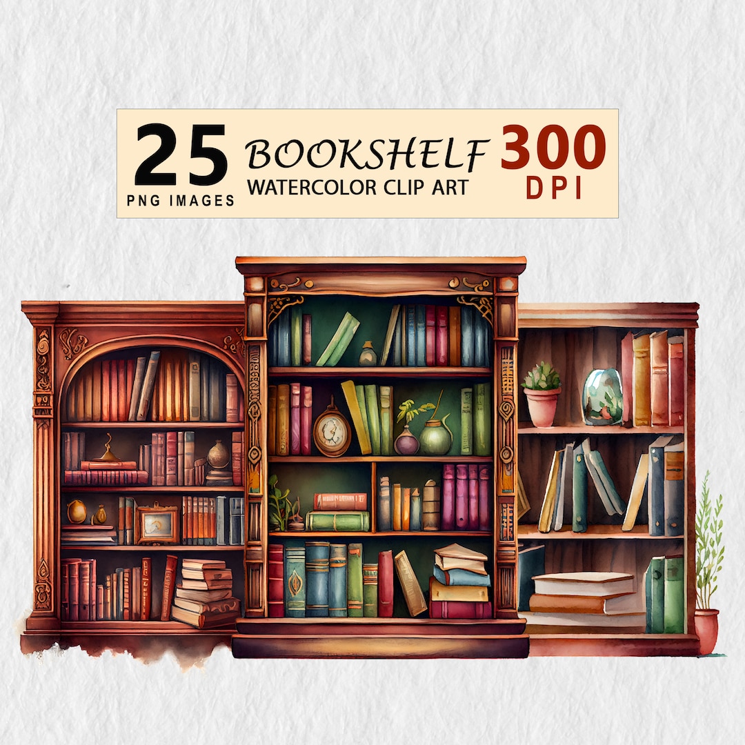 Bookshelf Watercolor Clipart PNG Digital Download Planner Wall ART ...