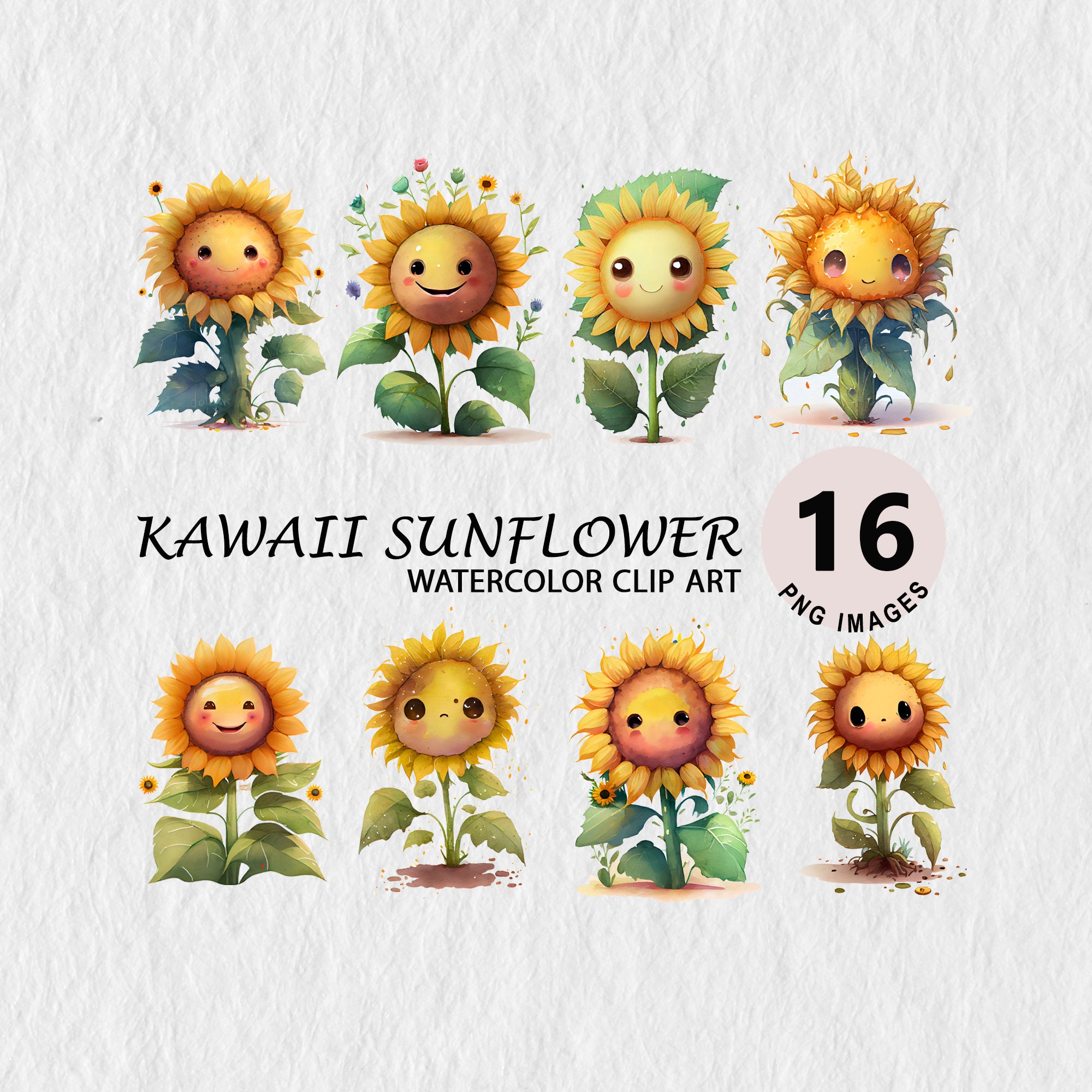 Cute Kawaii Sunflower Watercolor Clipart Clip Art Clipart - Etsy