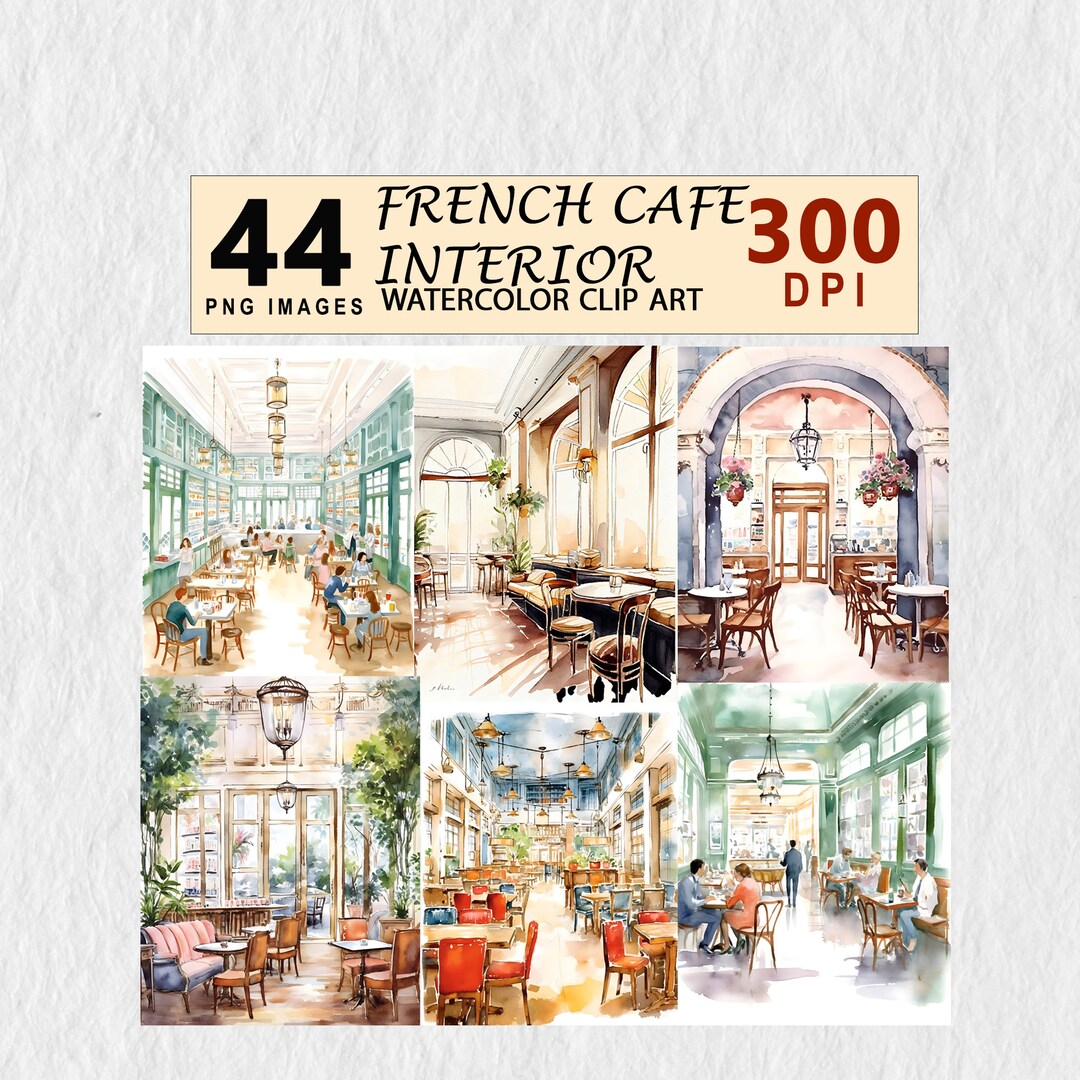 French Cafe Interior Watercolor Clipart Digital Art Transparent PNG ...