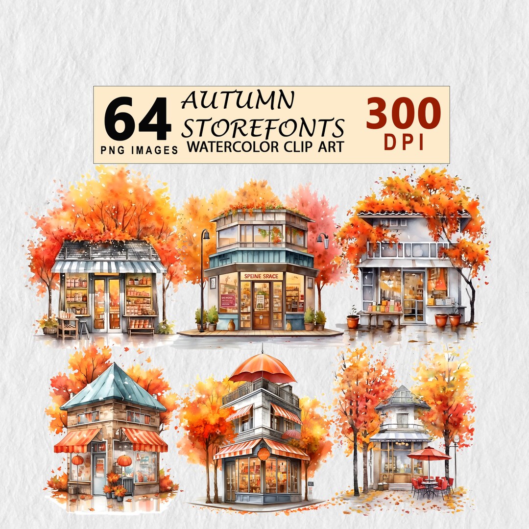 Autumn Storefronts Architecture Watercolor Clipart PNG Digital ART ...
