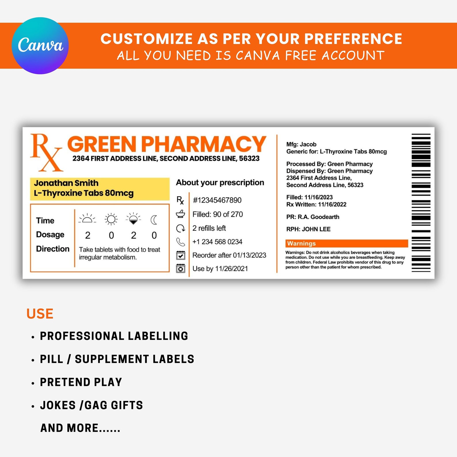 Editable Prescription Label Template Printable Editable Horizontal RX ...