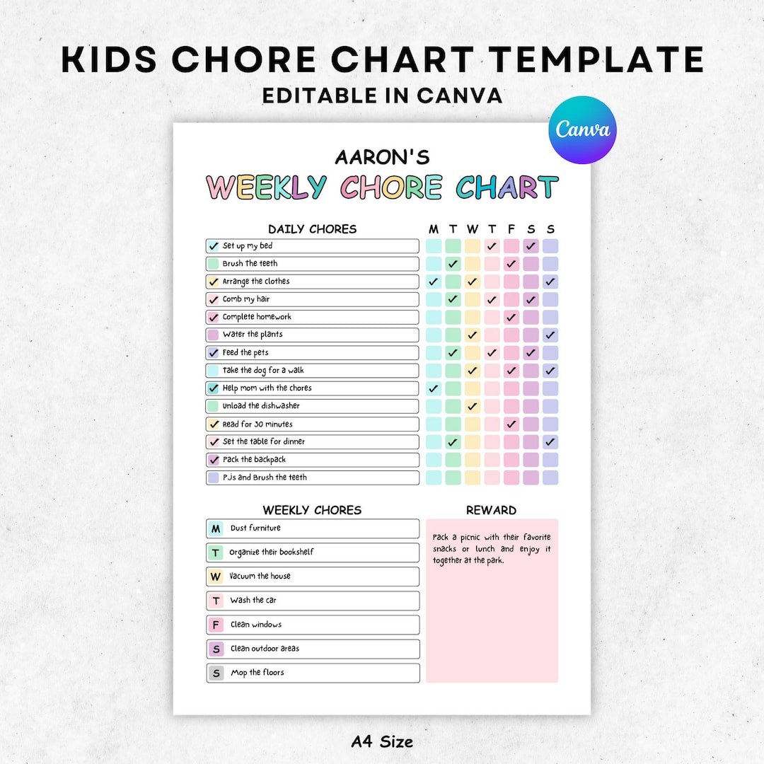 Editable Chore Chart for Kids, Kids Chore List, Printable | Kids Daily ...