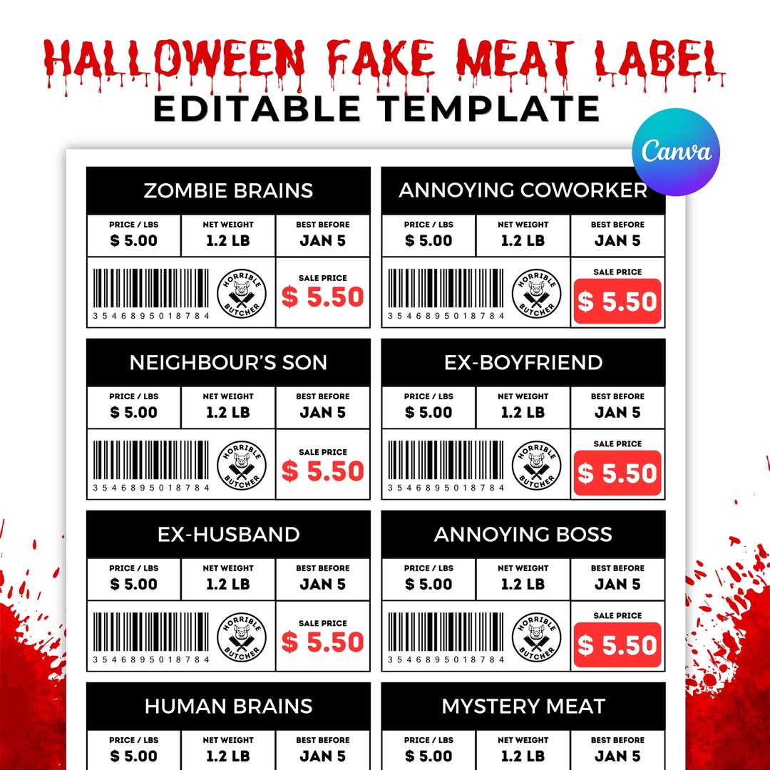 Editable Halloween Meat Labels, Fake Meat Label, Halloween Treat, Meat ...