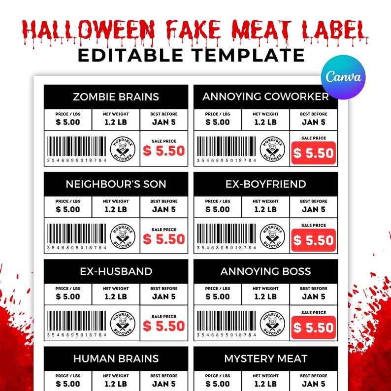 Editable Halloween Meat Labels Fake Meat Label Halloween - Etsy