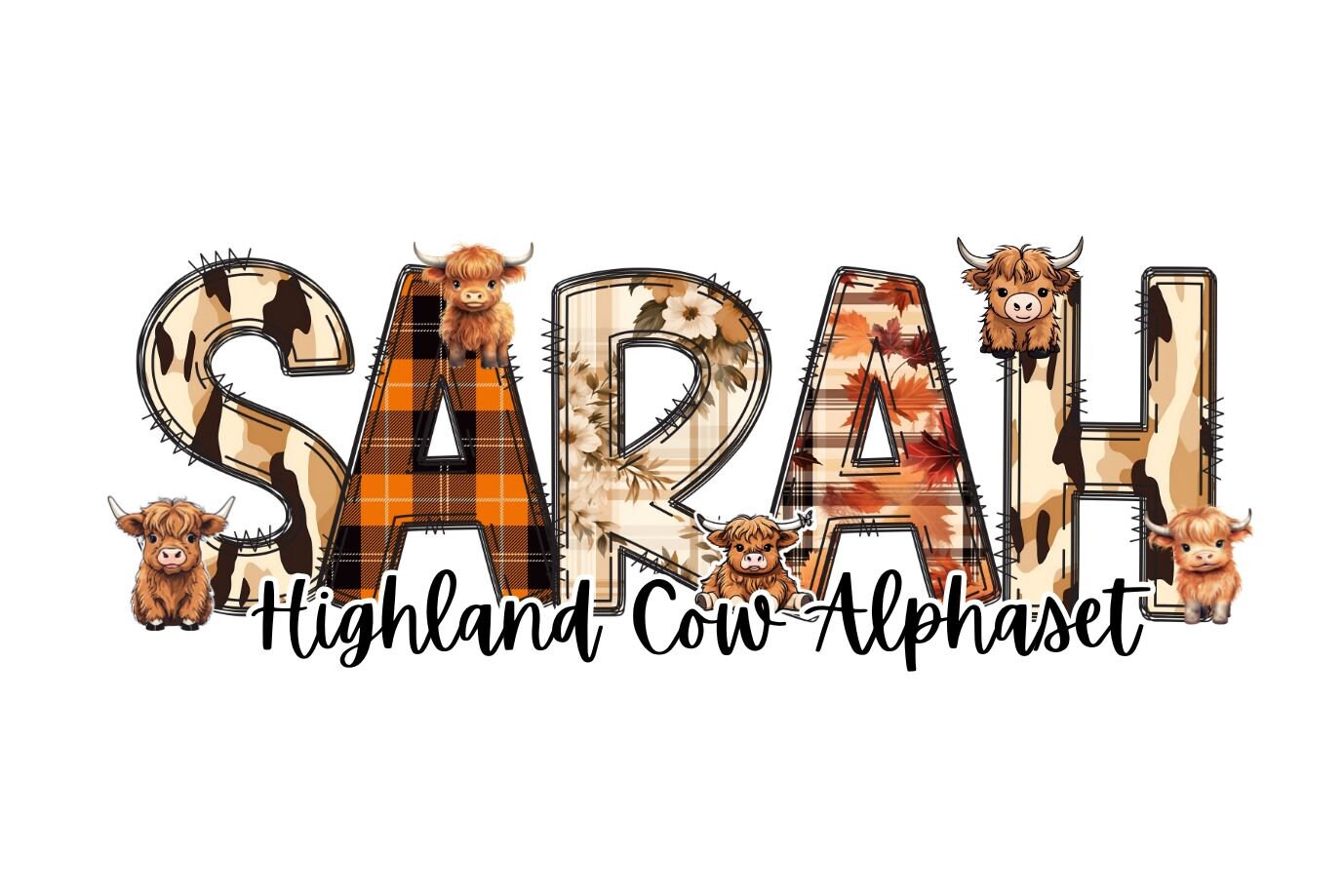 Buy Highland Cow Lover Rustic Cowhide Doodle Alphabet Letters PNG ...
