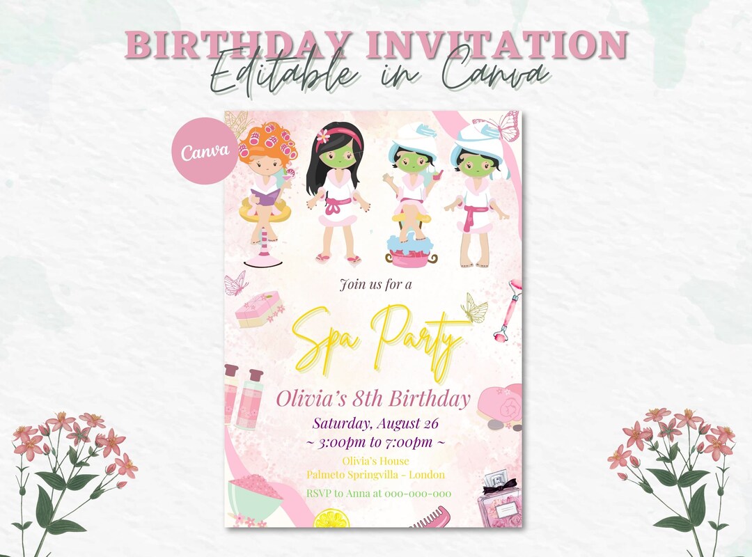 Spa Party Birthday Invitation Template Printable, Spa Party Birthday ...