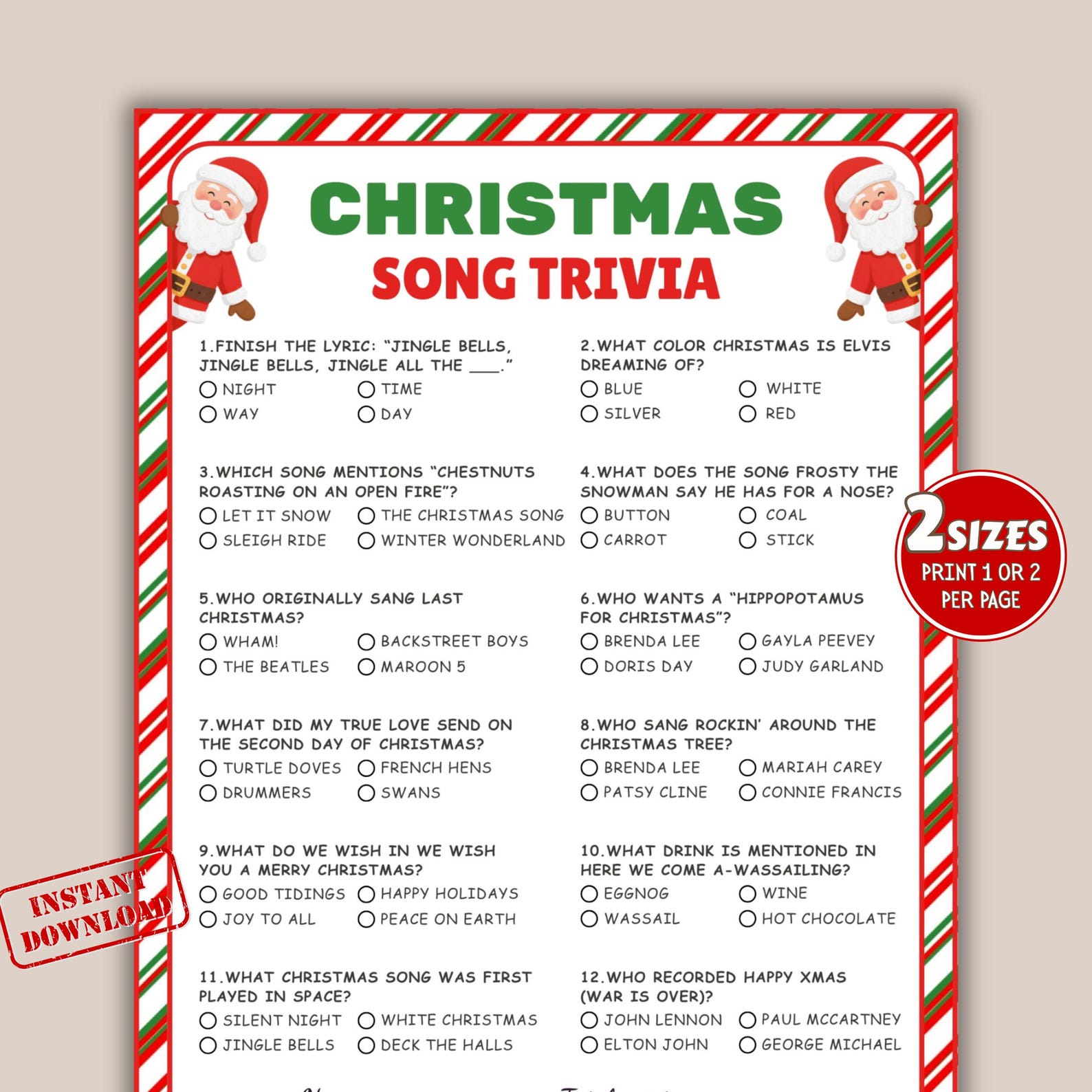 Christmas Song Trivia Game, Christmas Carol Quote Game, Holiday Party ...