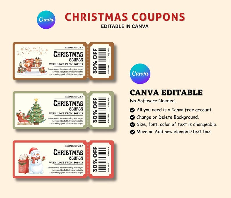 Christmas Retro Coupon Template, Last Minute Gift, Printable Birthday ...