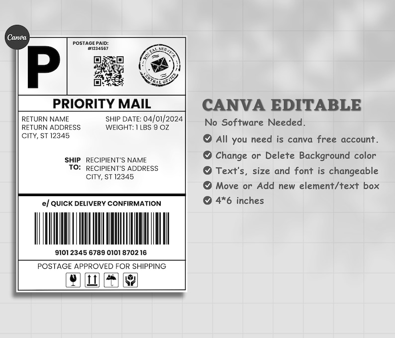 Shipping Label Template Editable Personalized Mail Label Mail Shipping ...