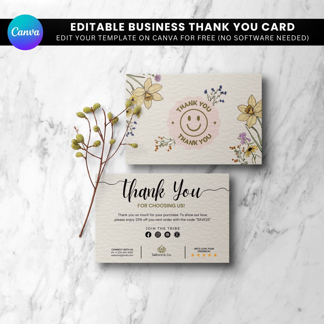 Business Thank You Card Editable, Modern Printable Thanks for Your ...