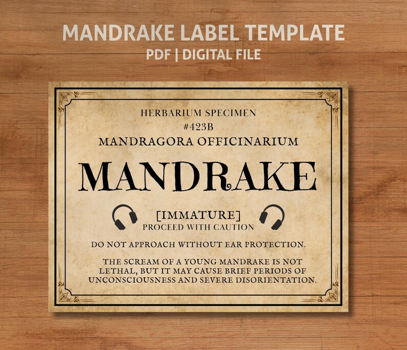 Mandrake Label Template, Realistic Wizard Herbology Sticker Prop ...