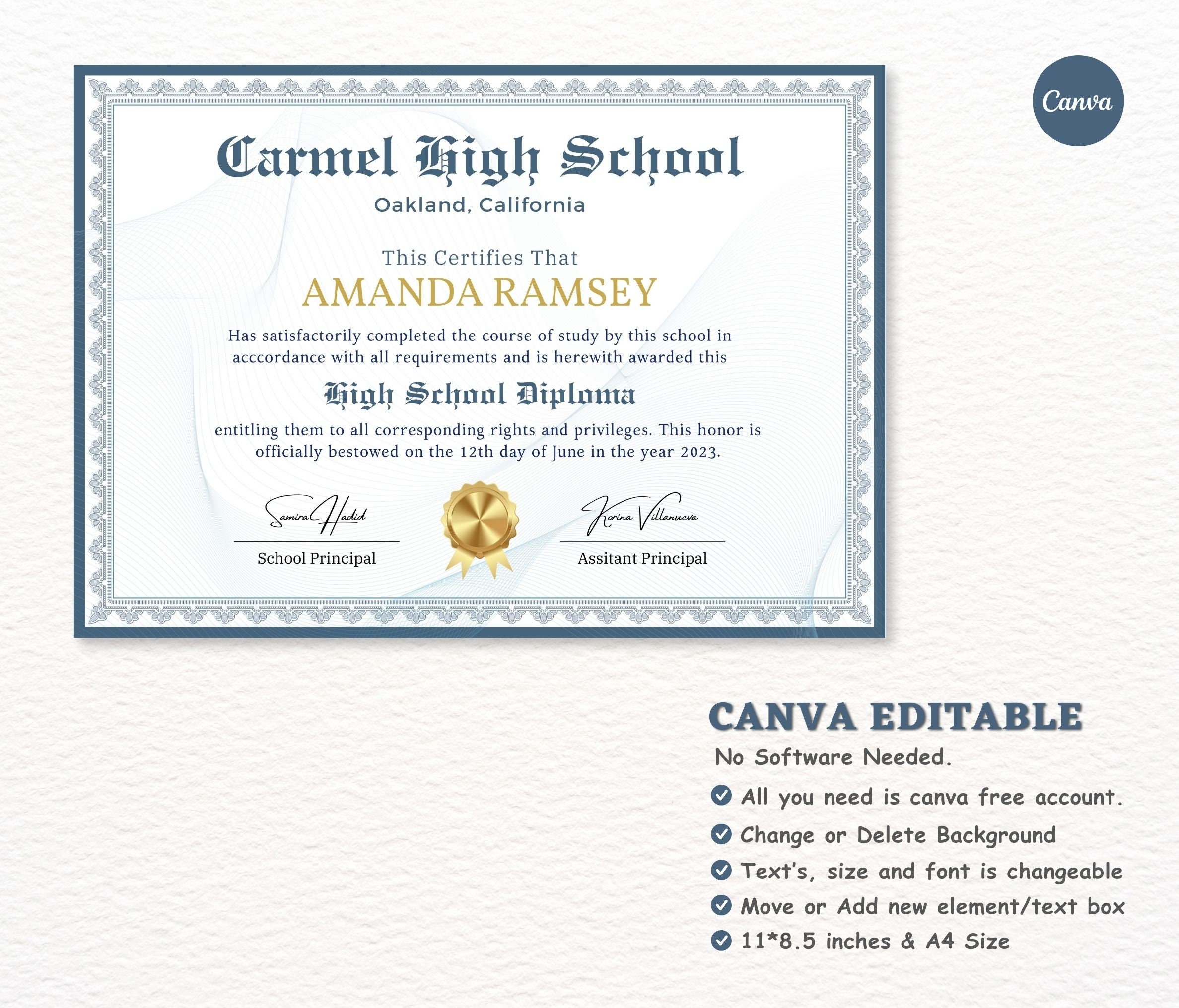 High School Diploma, Diploma Template, Canva Editable Homeschool ...