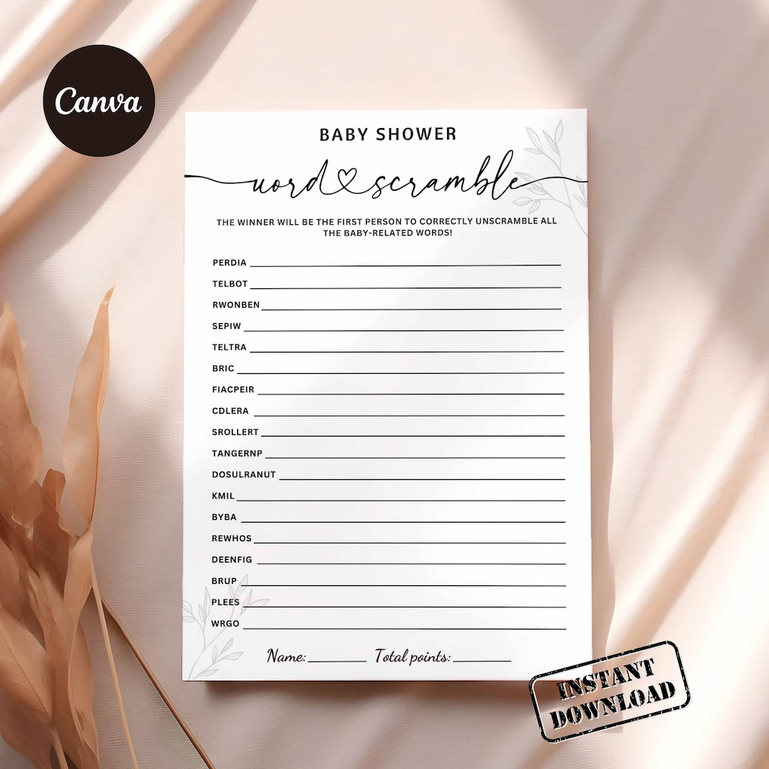 Baby Shower Word Scramble With Answer Key | Baby Shower Games | Baby ...