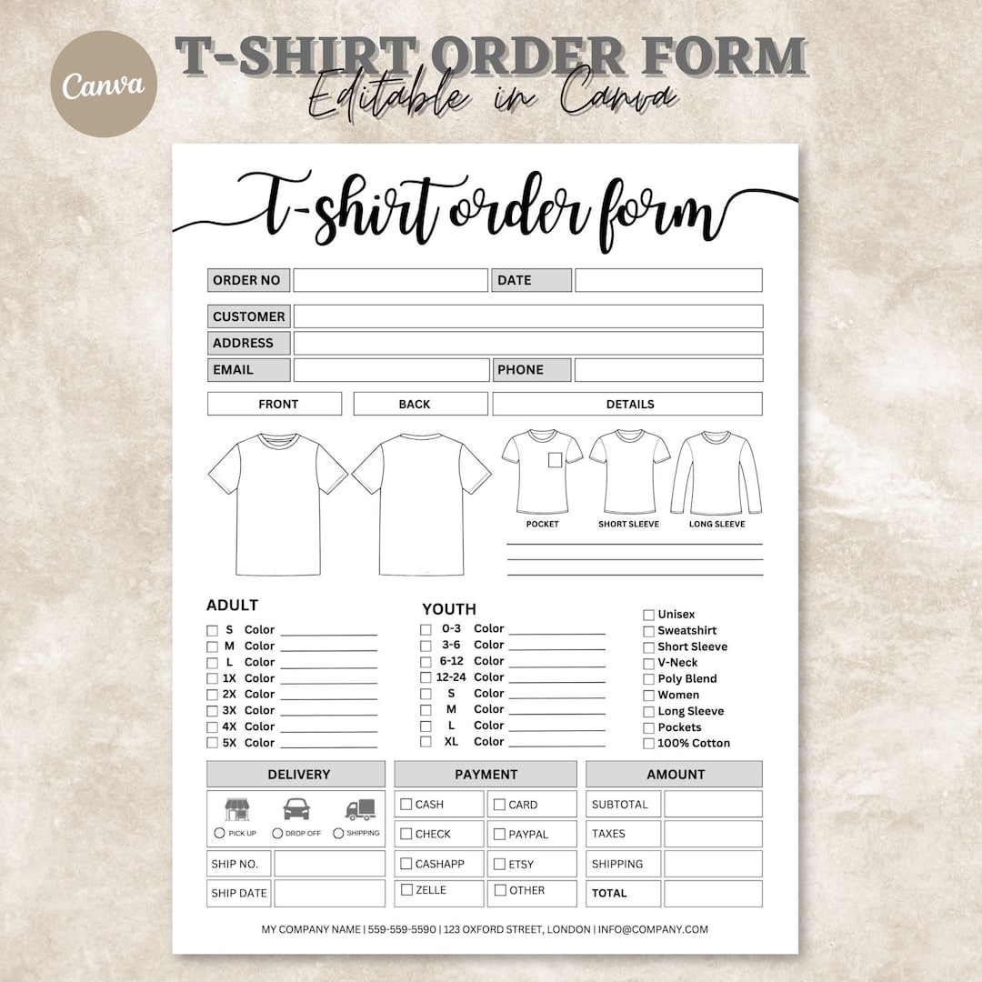 Fillable T-shirt Order Form Editable, Printable Shirt Order Form ...