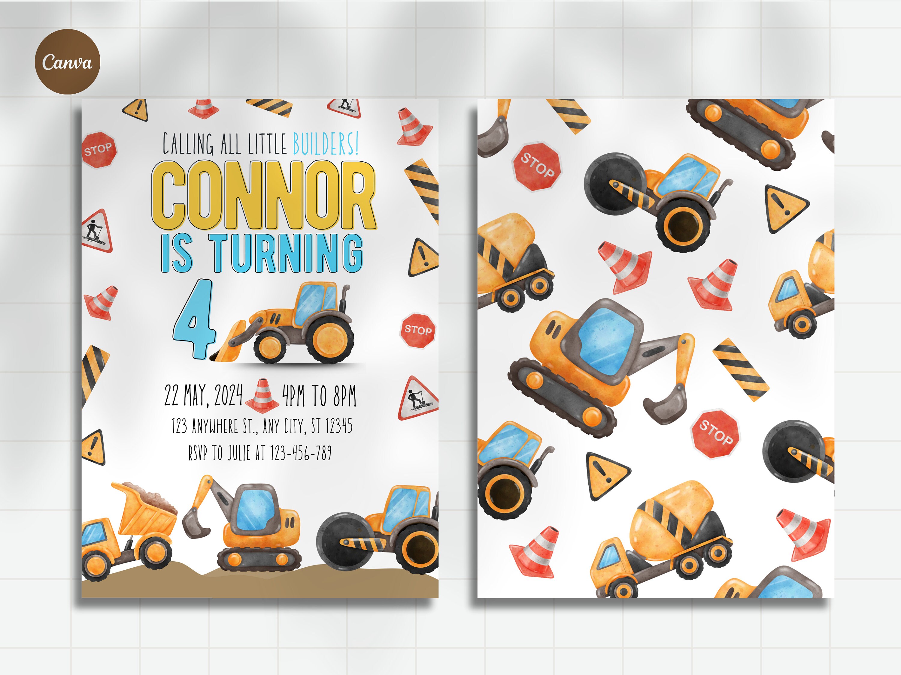 Editable Construction Birthday Party Invitation Template, Construction ...
