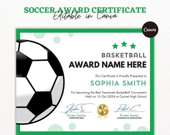 Soccer Award Certificate Editable Canva Template, Printable Award End ...