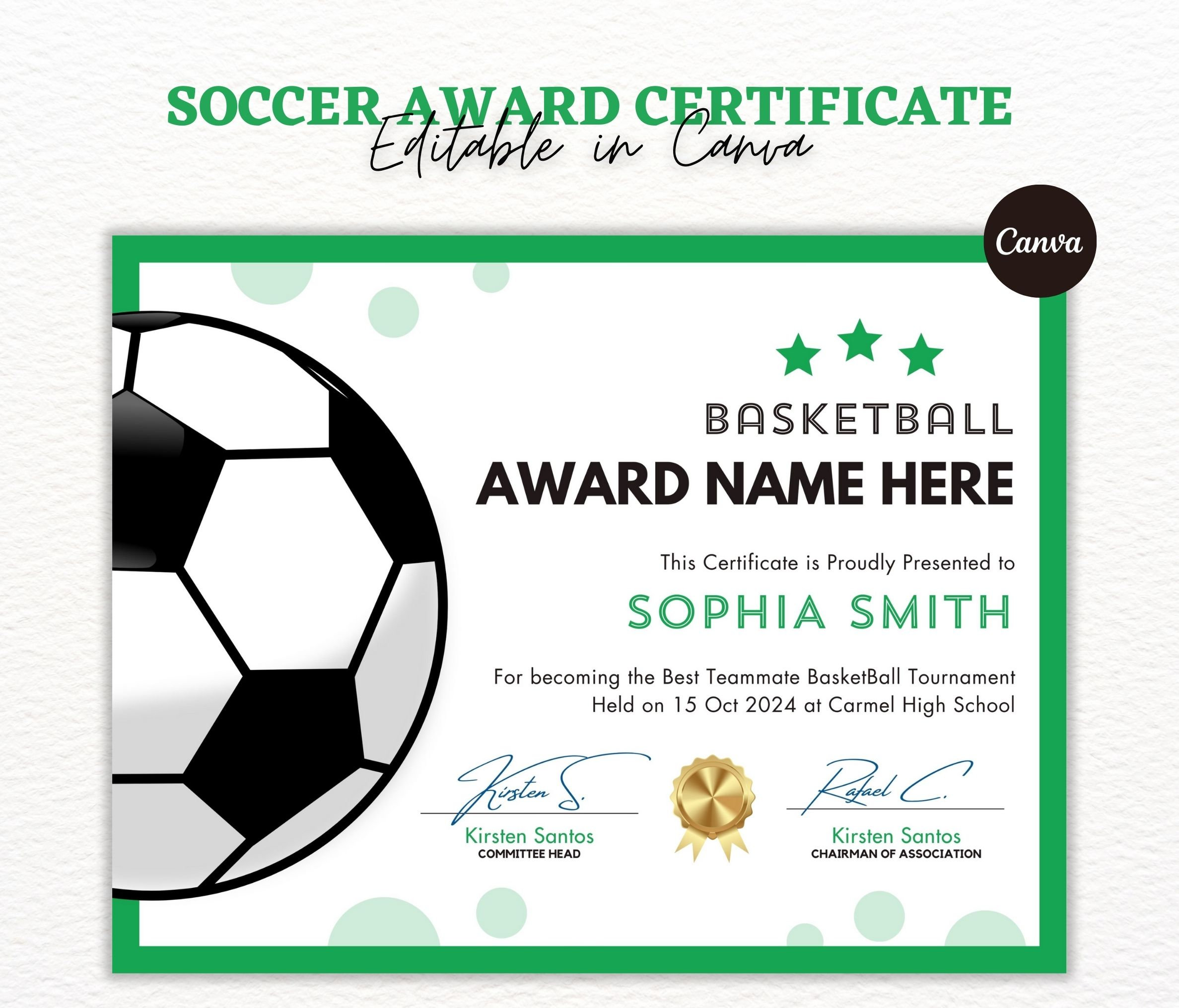 Soccer Award Certificate Editable Canva Template, Printable Award End ...