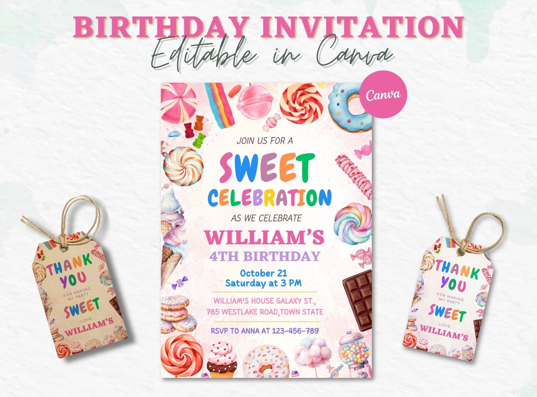 Editable Sweets Candy Invitation, Sweet Candy Birthday Invitation ...
