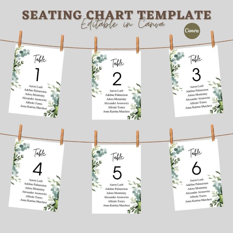 Minimalist Seating Chart Template, Eucalyptus Table Seating Chart Card ...