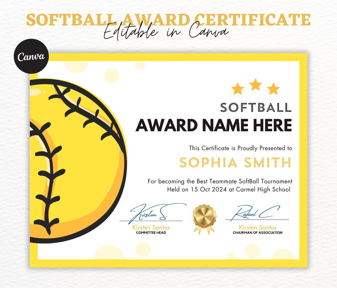 Softball Award Certificate, Printable Softball Certificate, Printable ...